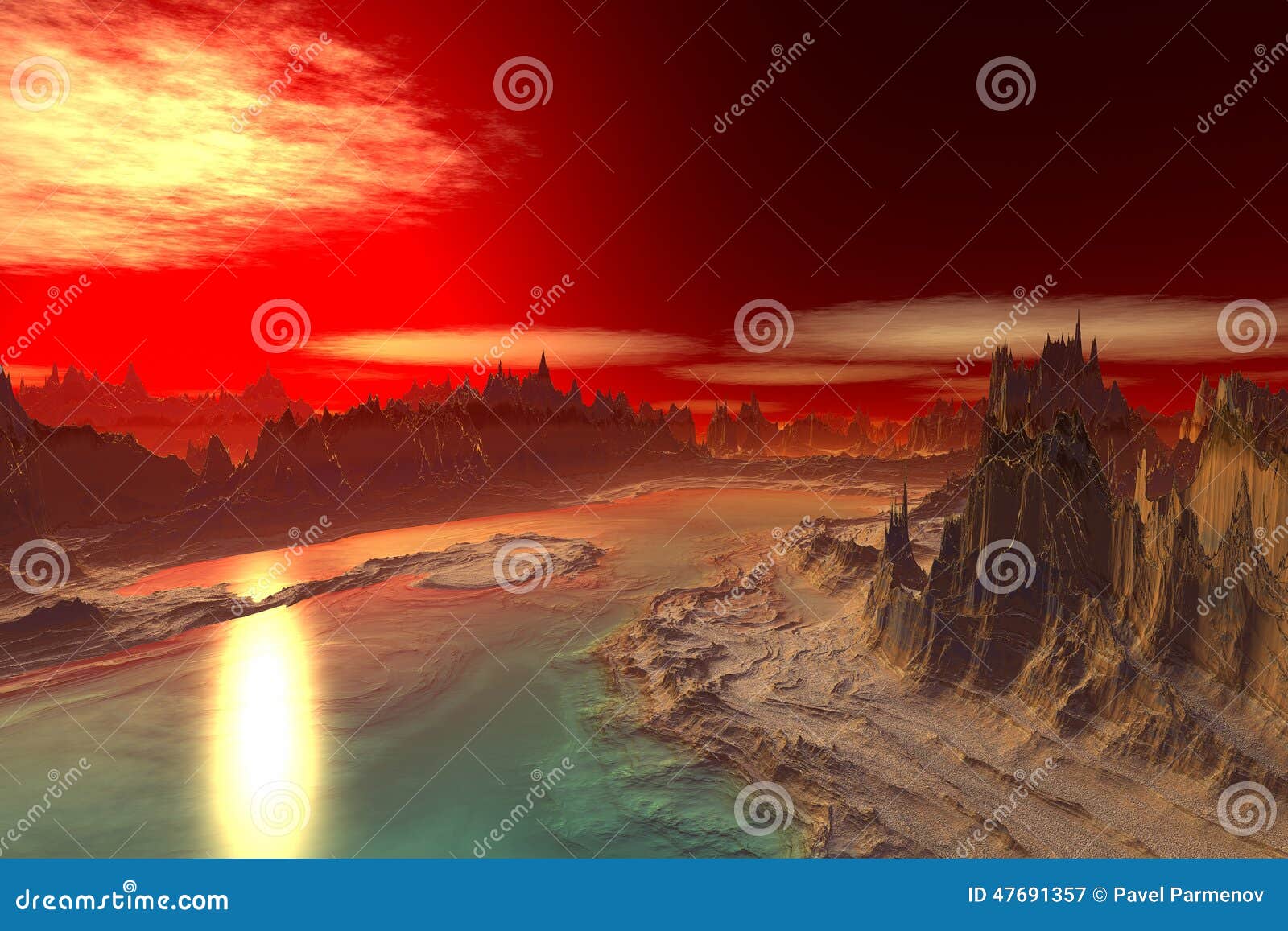3D Rendered Fantasy Alien Planet. Rocks and Sunset Stock Illustration ...