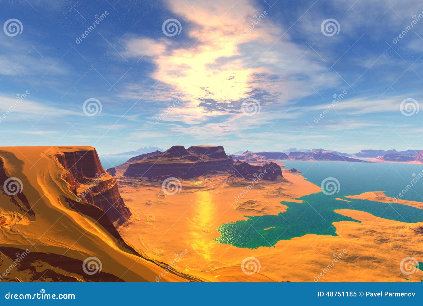 3D Rendered Fantasy Alien Planet. Rocks and Sunset Stock Illustration ...