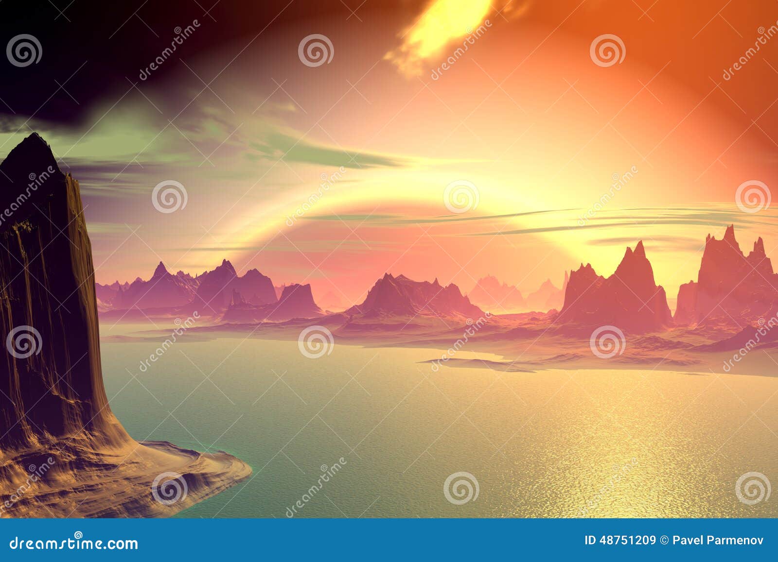 3D Rendered Fantasy Alien Planet. Rocks and Sunset Stock Illustration ...