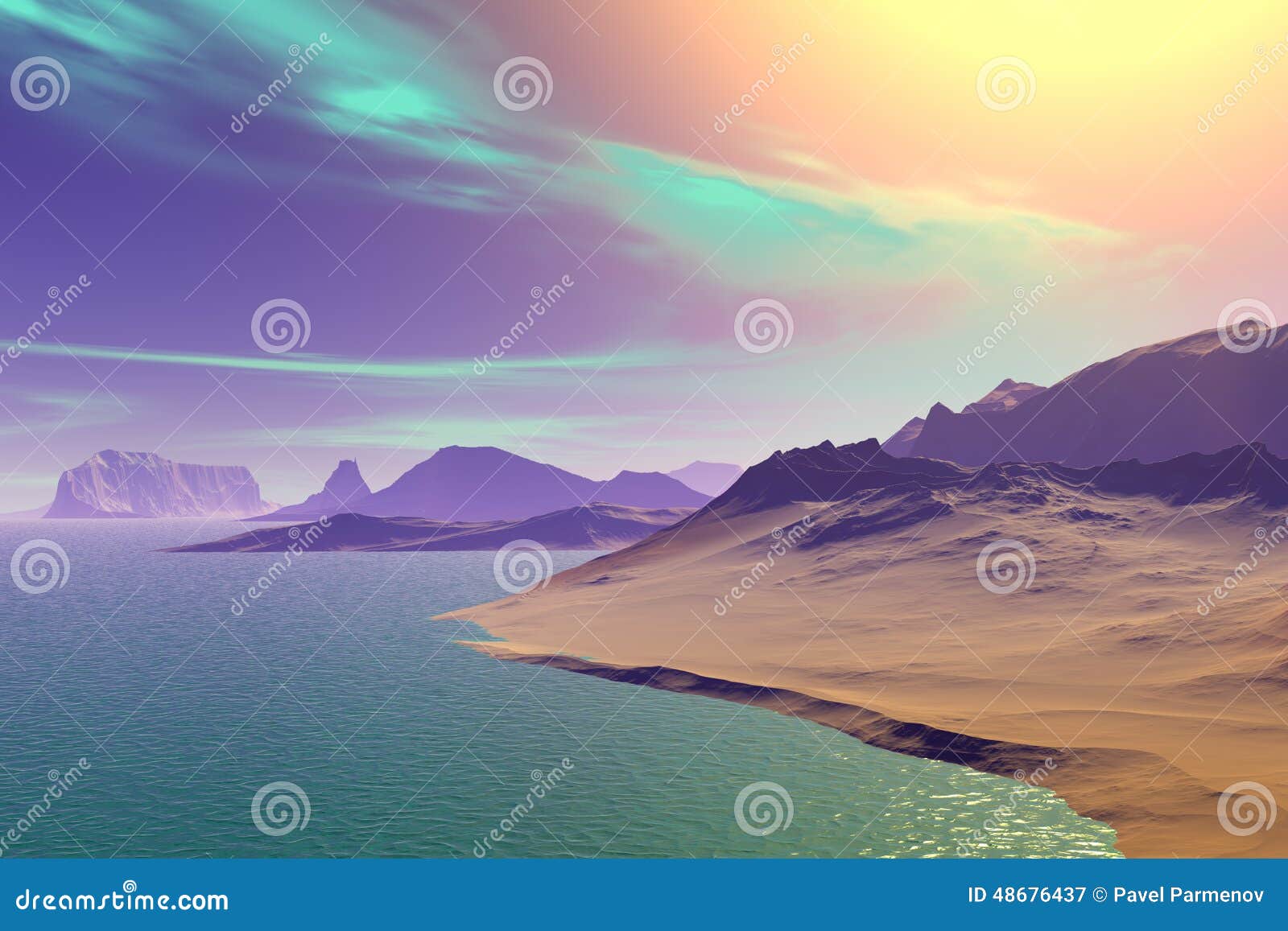 3D Rendered Fantasy Alien Planet. Sunset of a Sun Stock Illustration ...