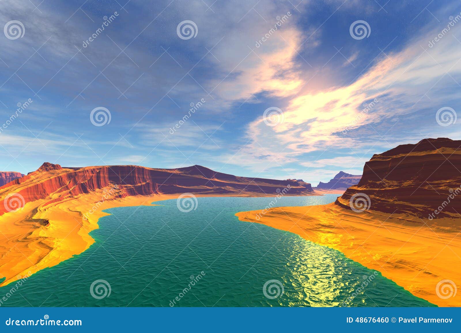 3D Rendered Fantasy Alien Planet. Sunset of a Sun Stock Illustration ...