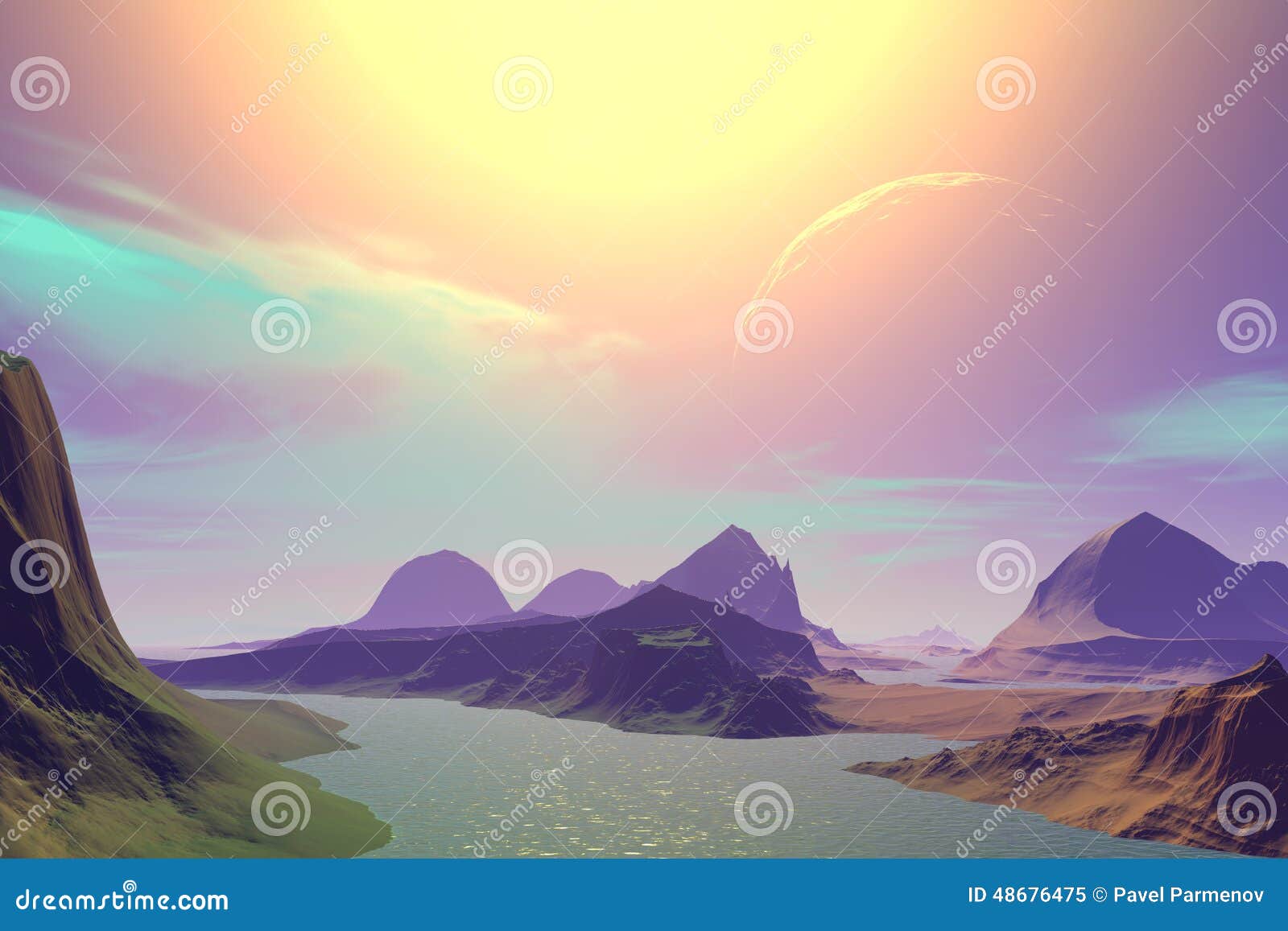 3D Rendered Fantasy Alien Planet. Sunset of a Sun Stock Illustration ...