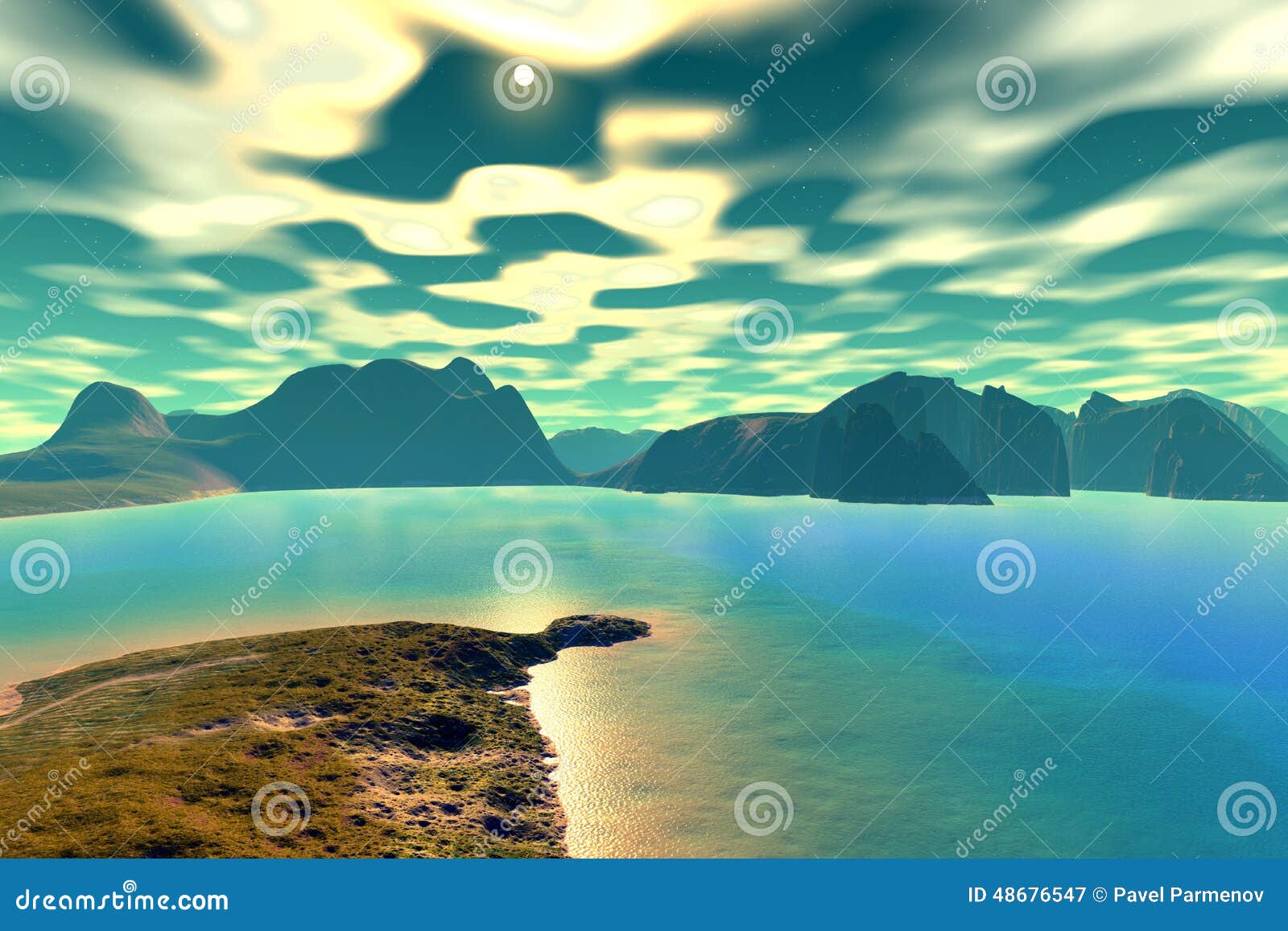 3D Rendered Fantasy Alien Planet. Sunset of a Sun Stock Illustration ...