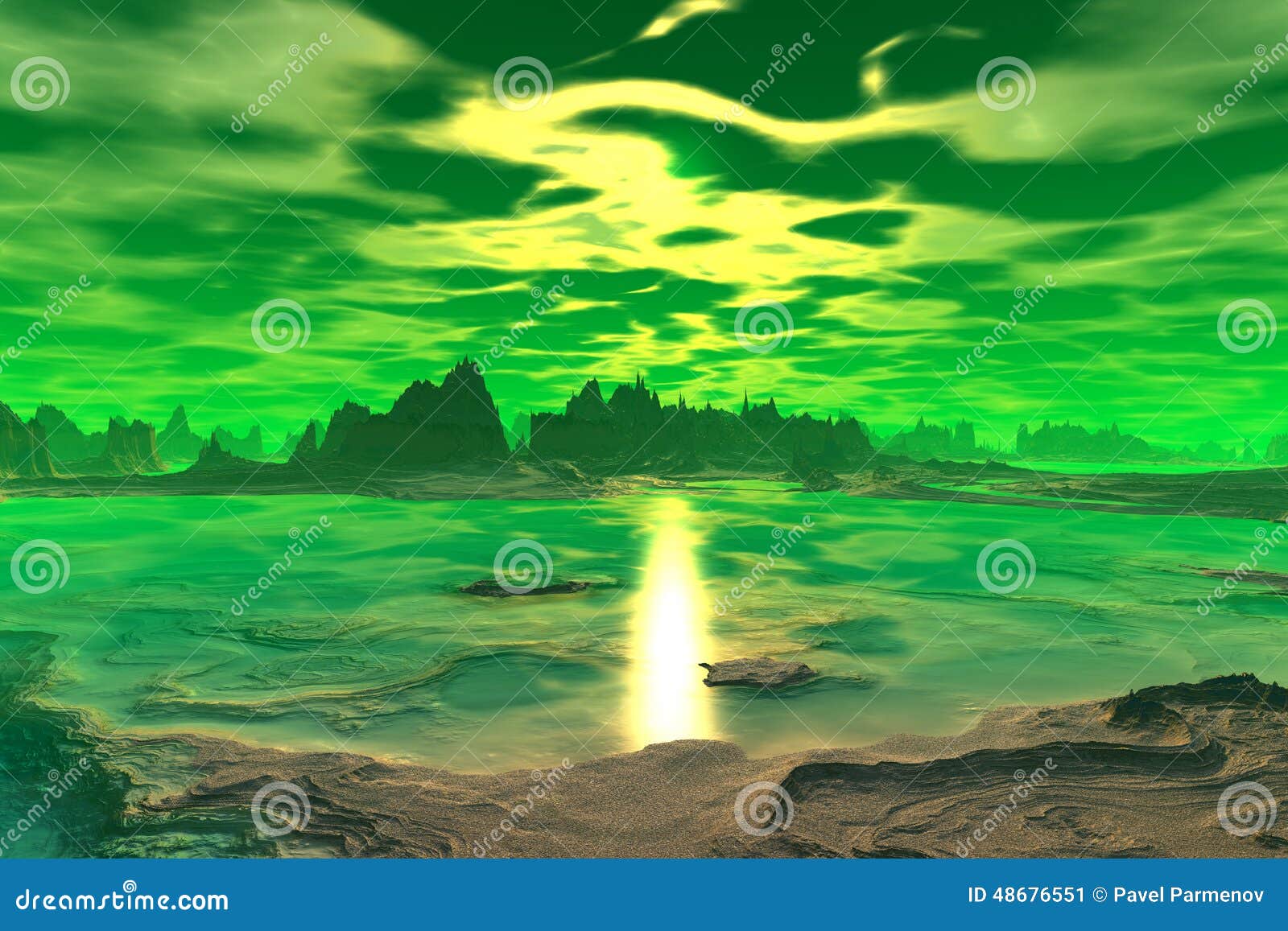 3D Rendered Fantasy Alien Planet. Sunset of a Sun Stock Illustration ...