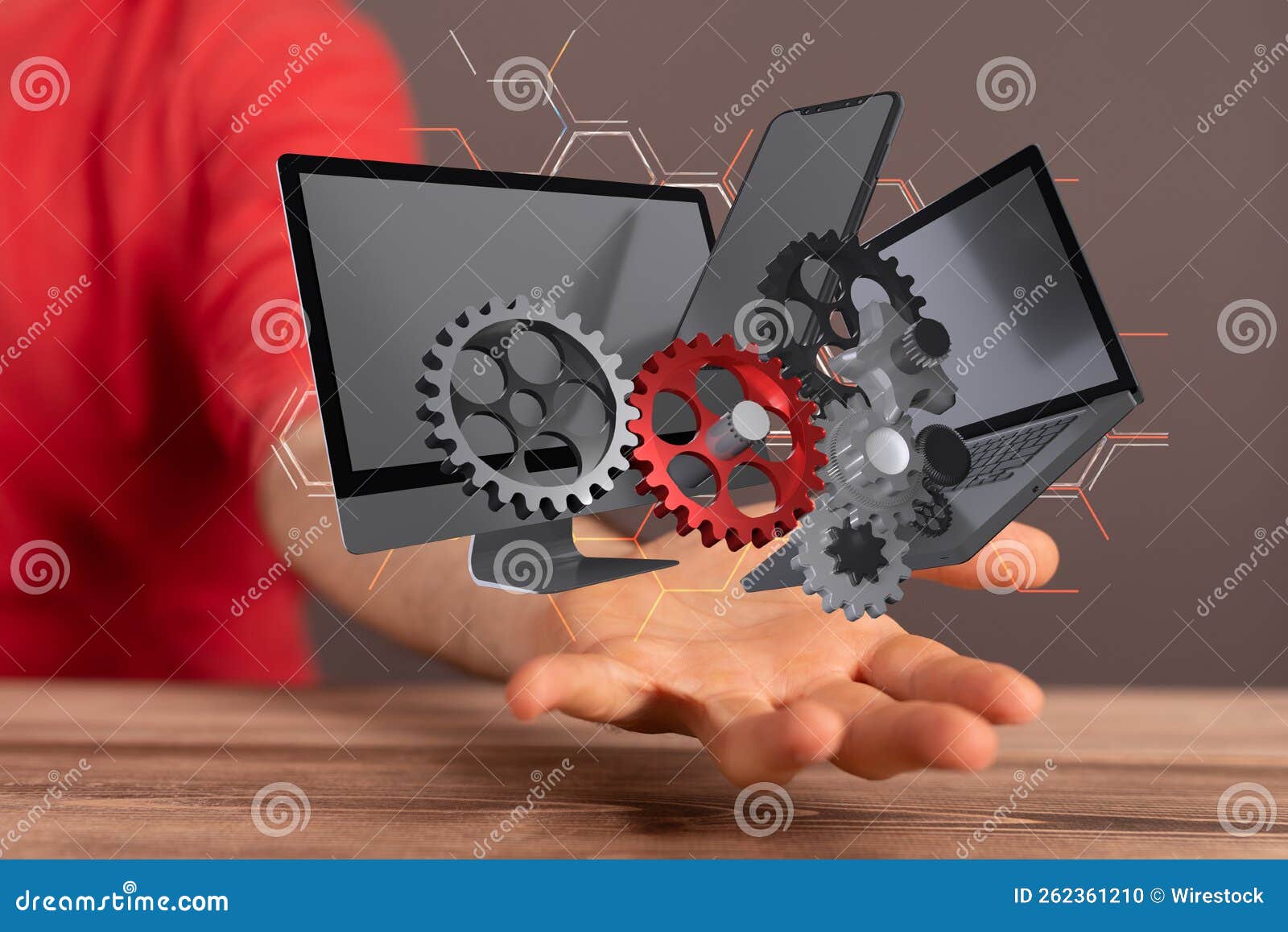 3D Rendered Gears and Computers Held in a Person S Hand Stock ...