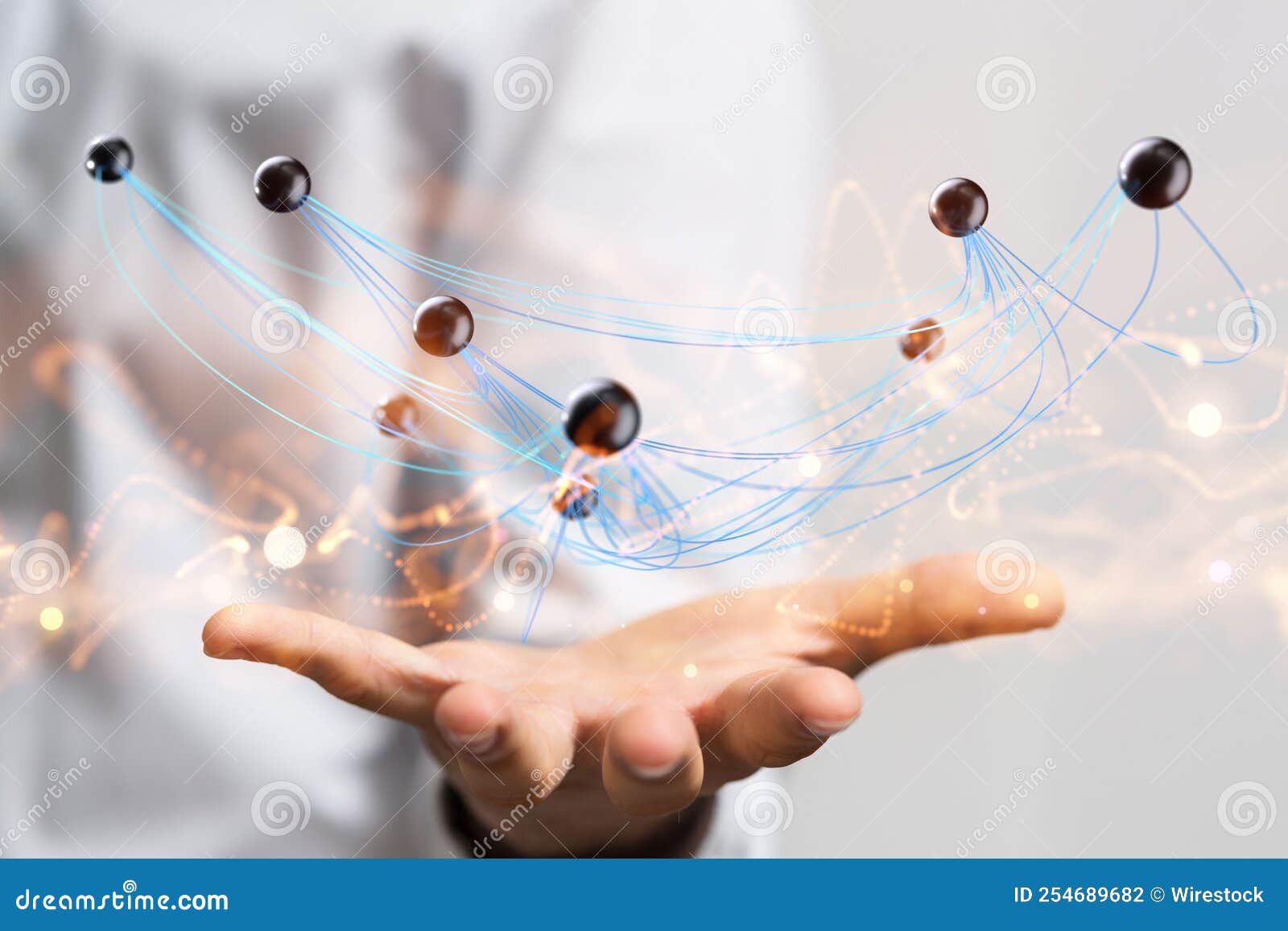3D Rendered Global Network Hovering in Mans Hand Stock Illustration ...