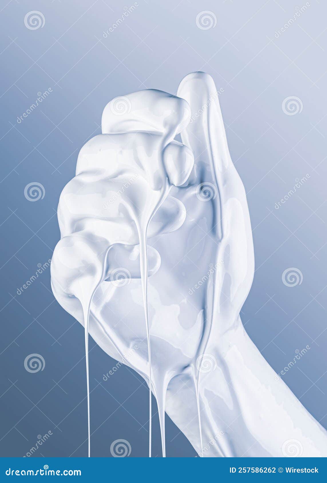 3D Rendered Hand Covered in White Dripping Paint on a Blue Background ...