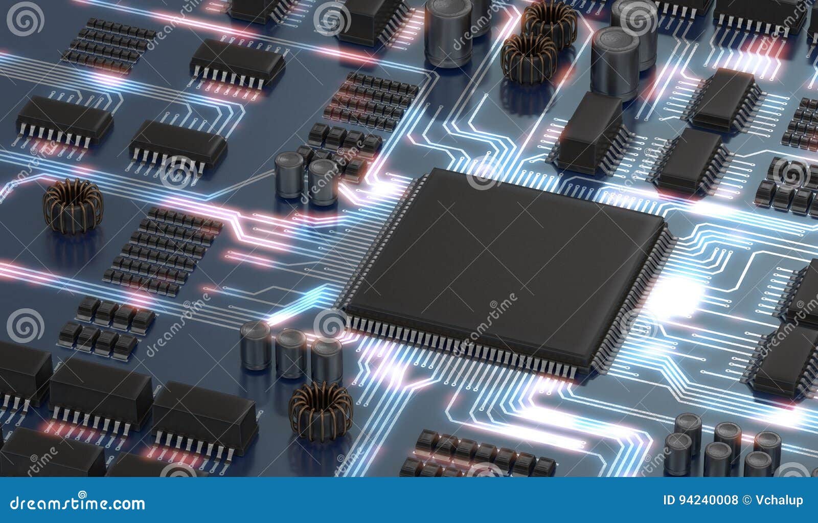 3D Rendered Illustration of Electronical Circuit with Microchip or ...