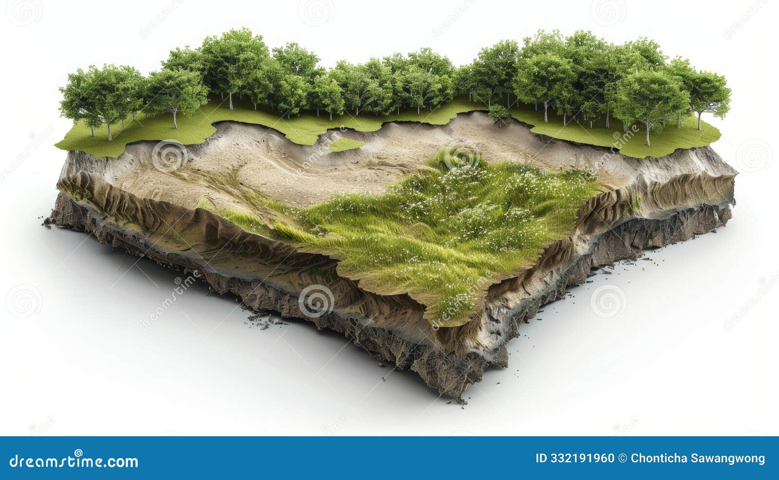 3D Rendered Illustration of an Elevated Terrain Slice with Grass, Trees, and Exposed Underground ...