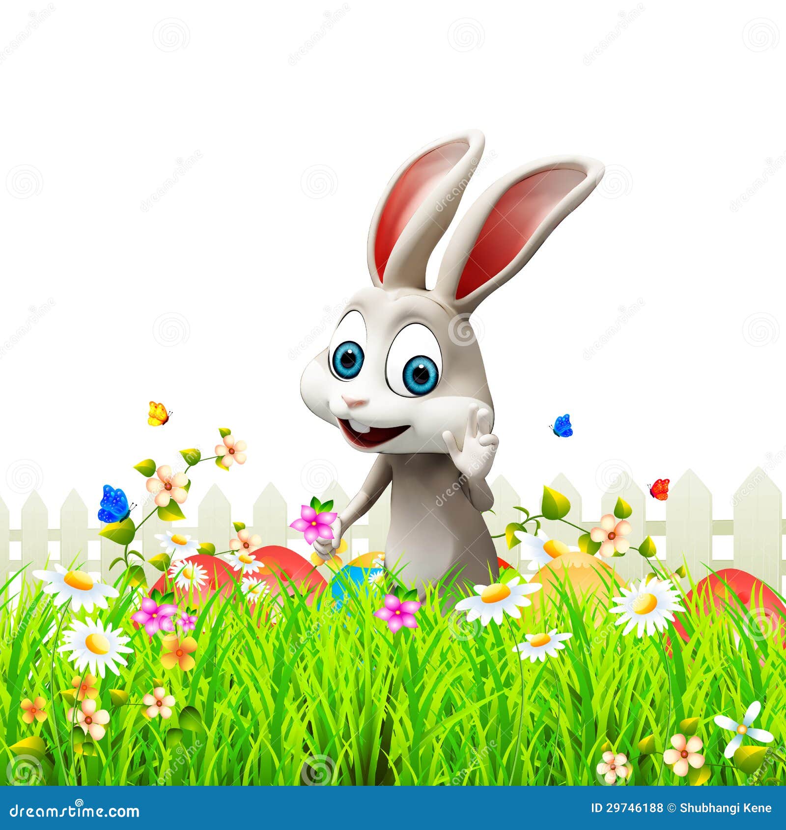 Gray Easter Bunny with Eggs in Garden Stock Illustration - Illustration ...