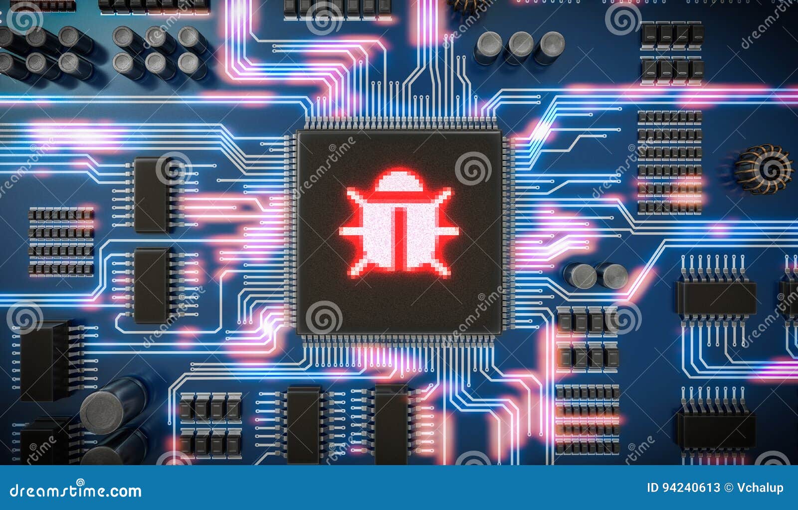 3D Rendered Illustration of Malware or Virus Inside Microchip on ...