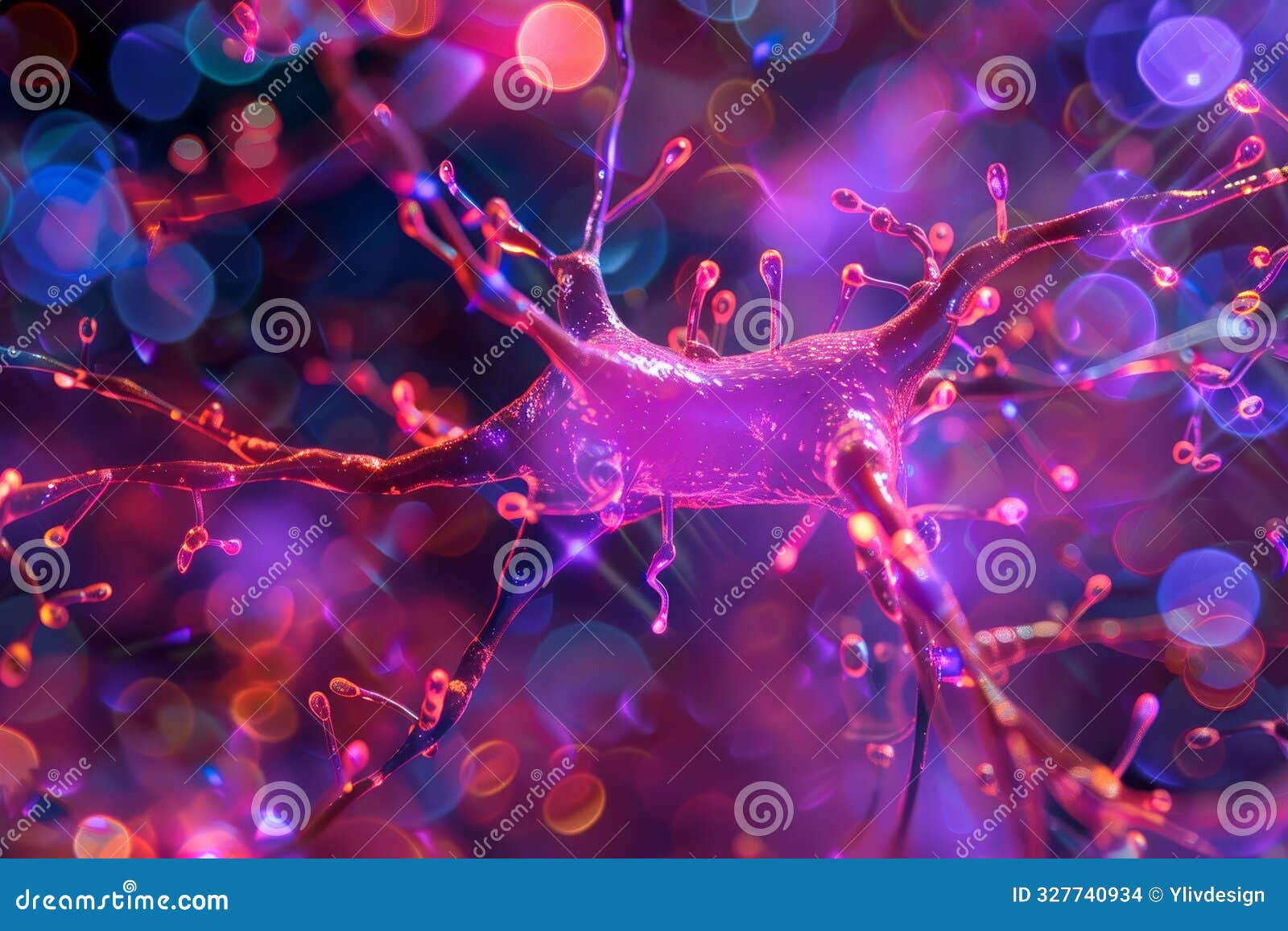 Neuron Transmitting Nerve Impulse Showing Synapses on Colorful Bokeh ... Neuron Transmitting Nerve Impulse Showing Synapses on Colorful Bokeh ...