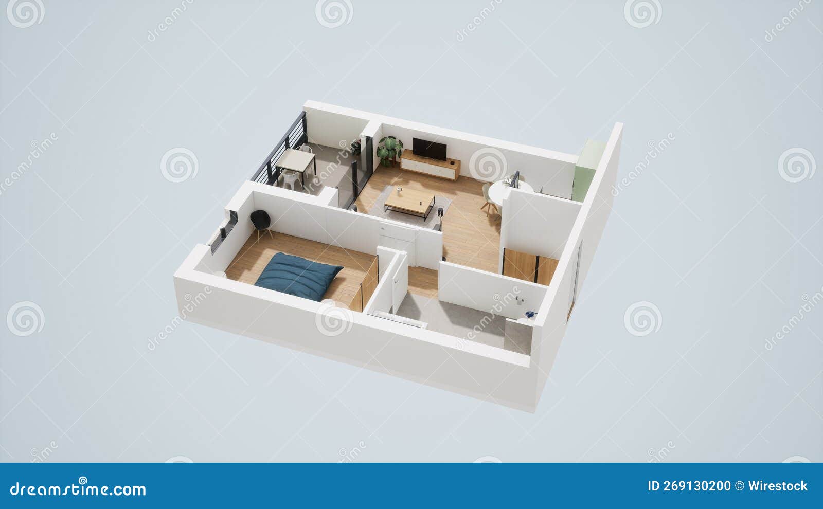 3D-rendered Illustration of a One-bedroom Apartment, Room Plan ...