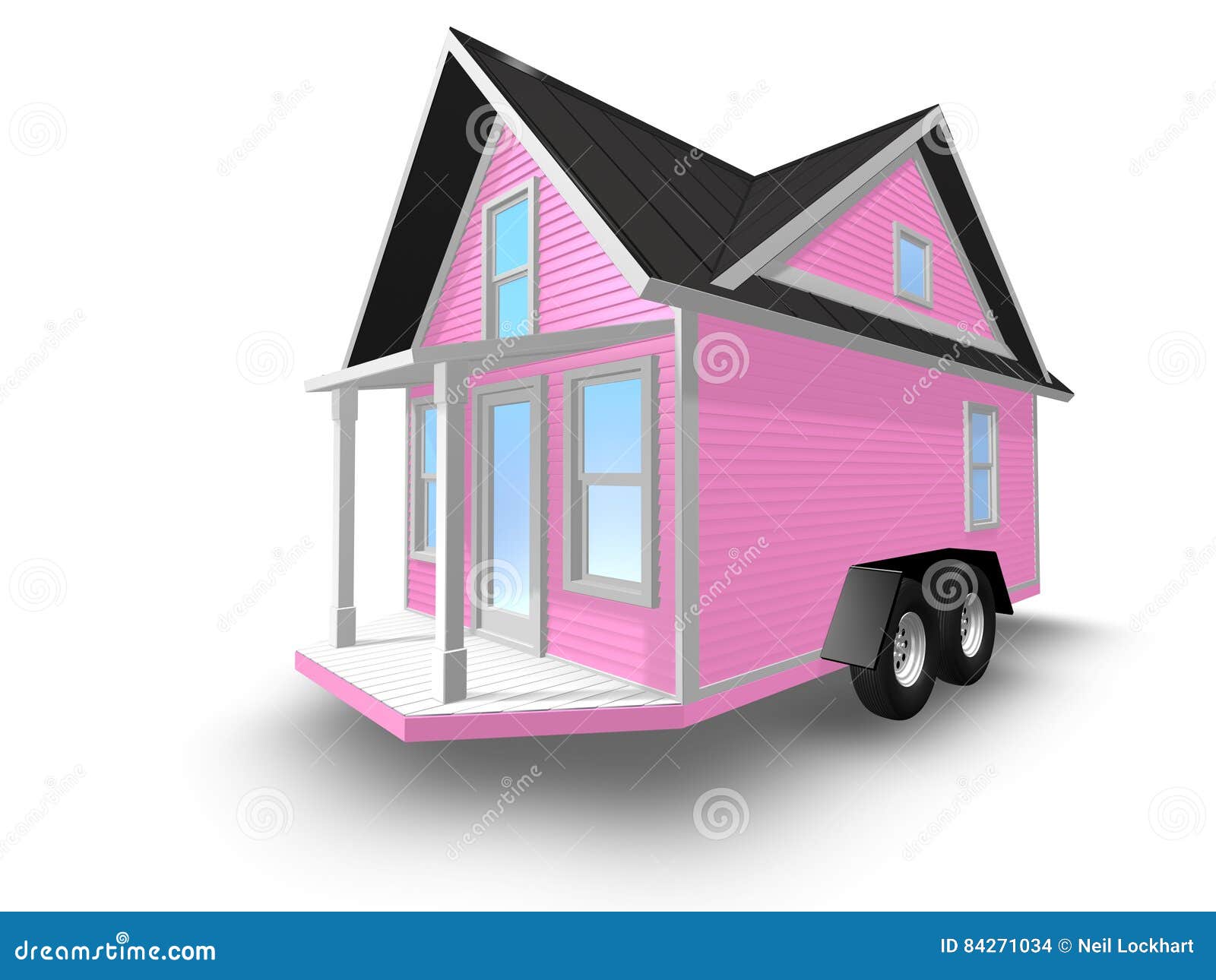 3D Rendered Illustration Of A Tiny Pink House On A Trailer. Stock ...
