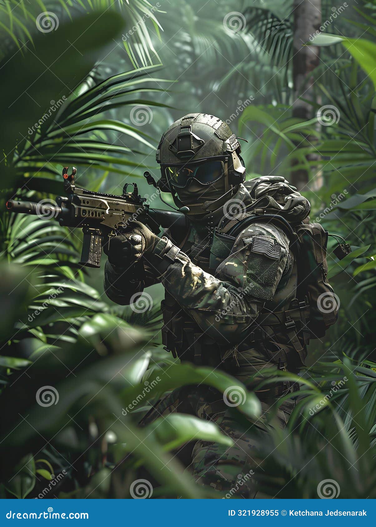 Elite Special Forces Operative Cautiously Advances Through Lush ...
