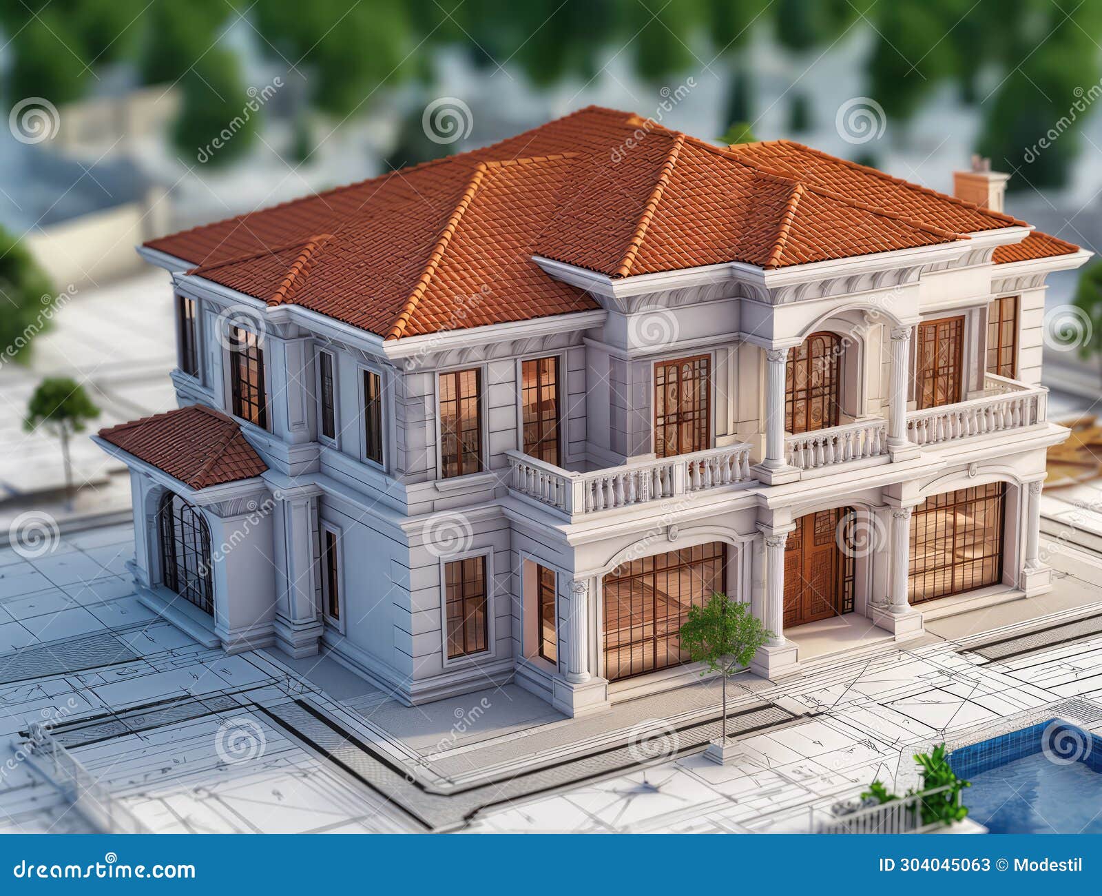 3D Rendered Mansion with Blueprint Stock Illustration - Illustration of ...
