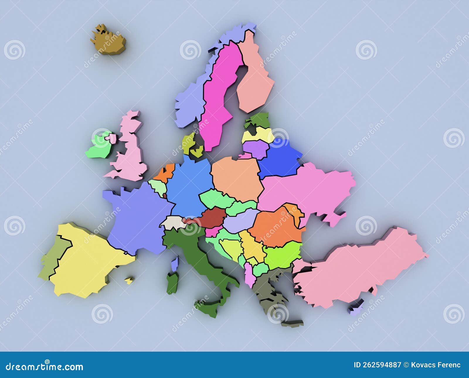 3D Rendered Map of Europe with Bright Colors Stock Illustration ...