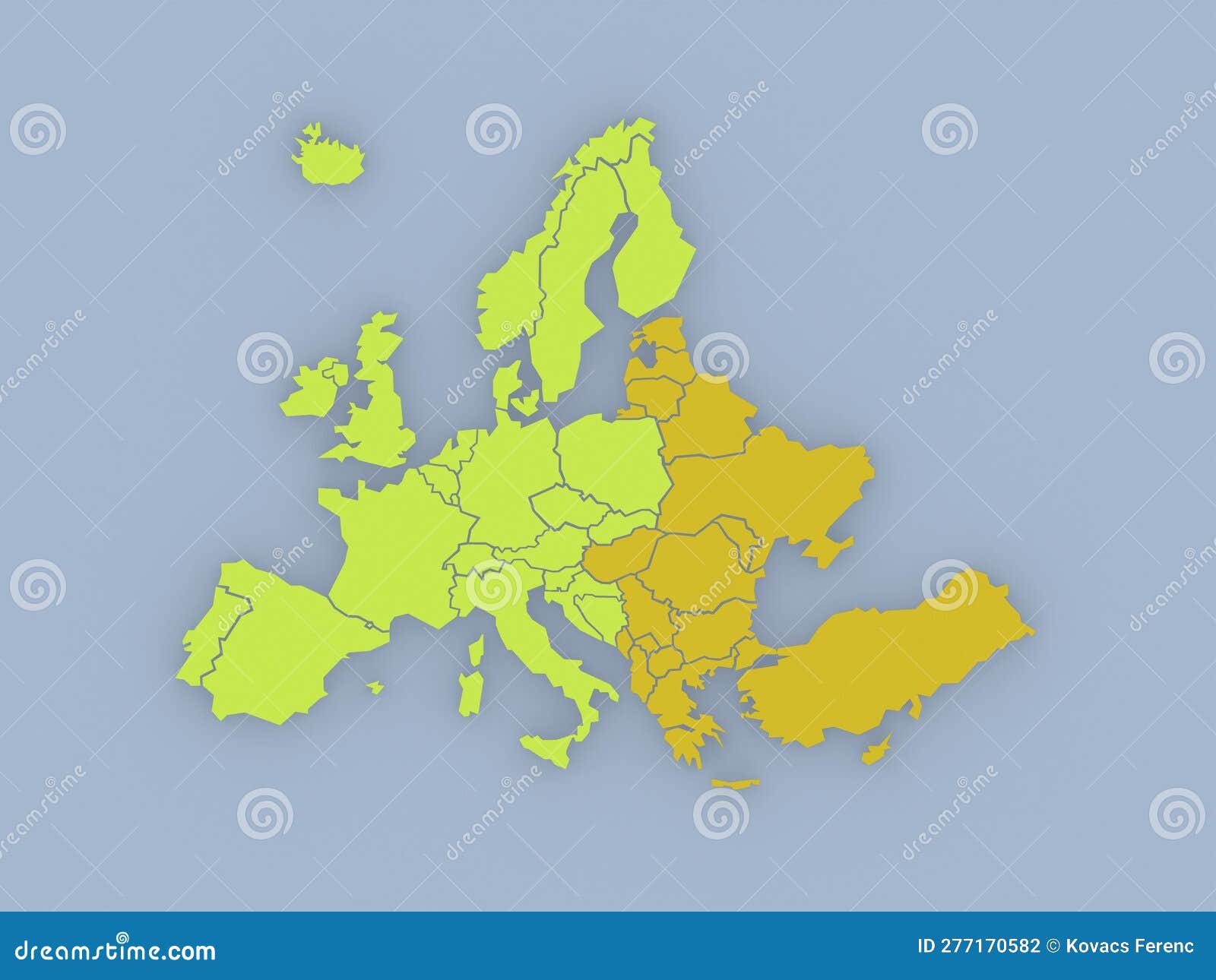 3D Rendered Map of Europe with Bright Green and Yellow Colors Stock ...