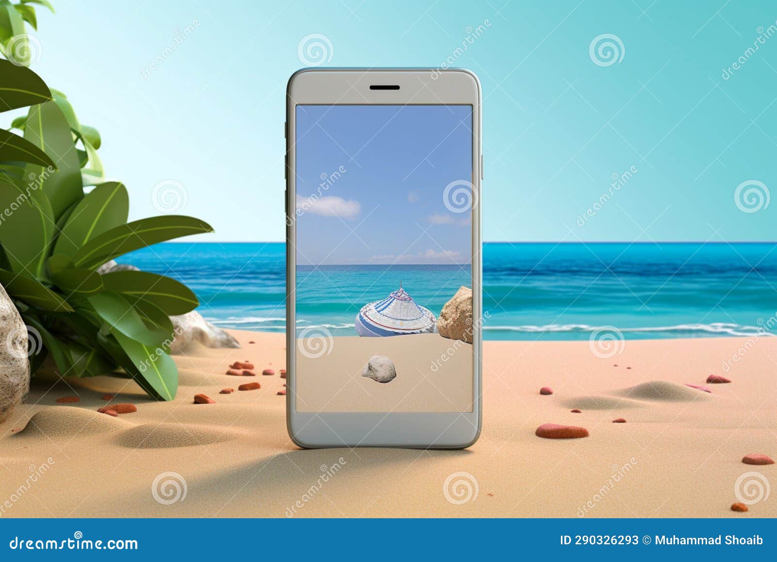 A 3D Rendered Mobile Phone Mockup on a Sandy Beach, Summer Product ...
