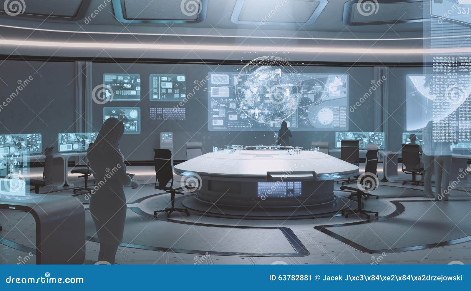 3D Rendered, Modern, Futuristic Command Center Interior with People ...