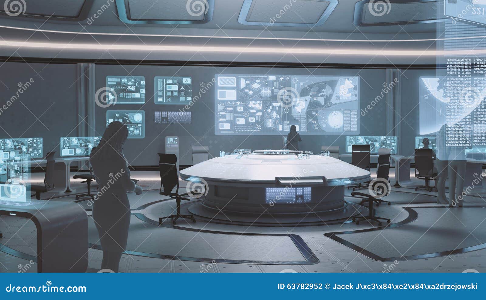 3D Rendered, Modern, Futuristic Command Center Interior with People ...