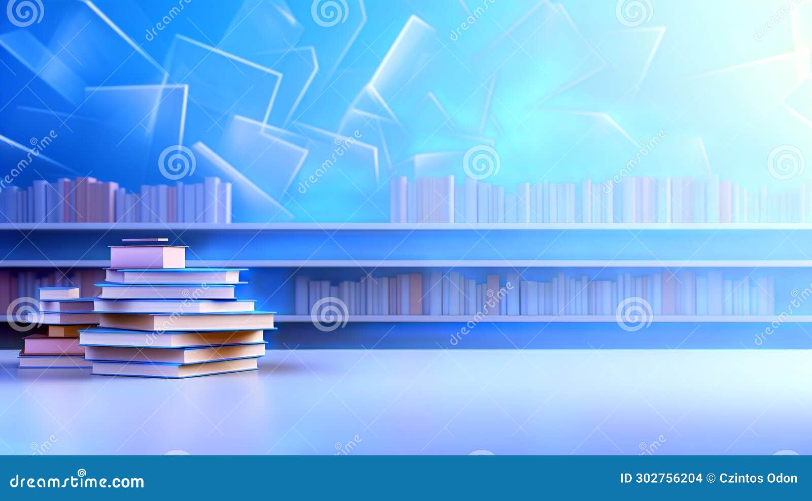 A 3D-rendered Modern Library Scene with Glowing Blue Books on Shelves ...