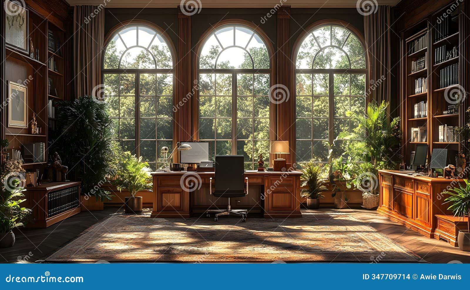 3D Rendered Office Interior with Arched Windows and Bookcases Stock ...
