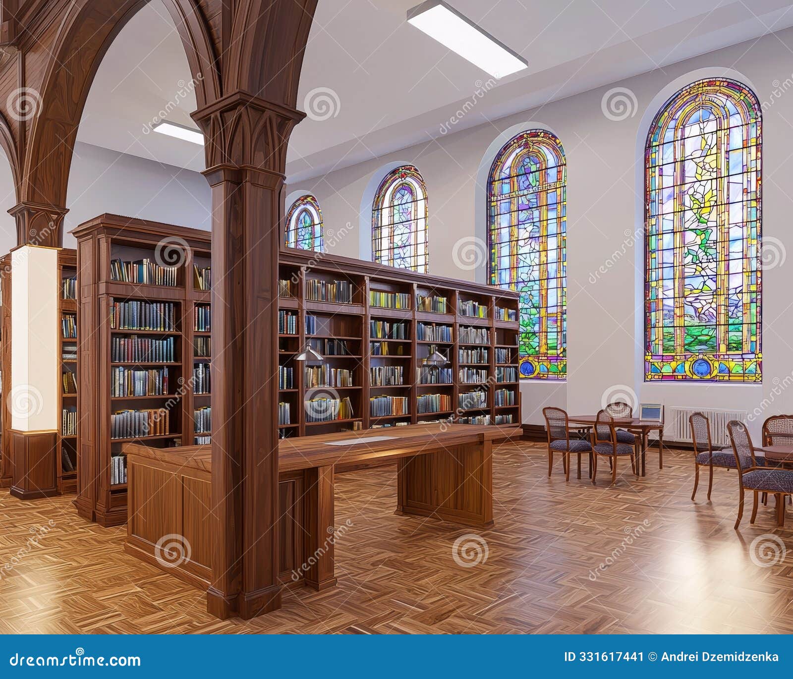 3D Rendered Old Gothic Fantasy Library Interior. Stock Illustration ...