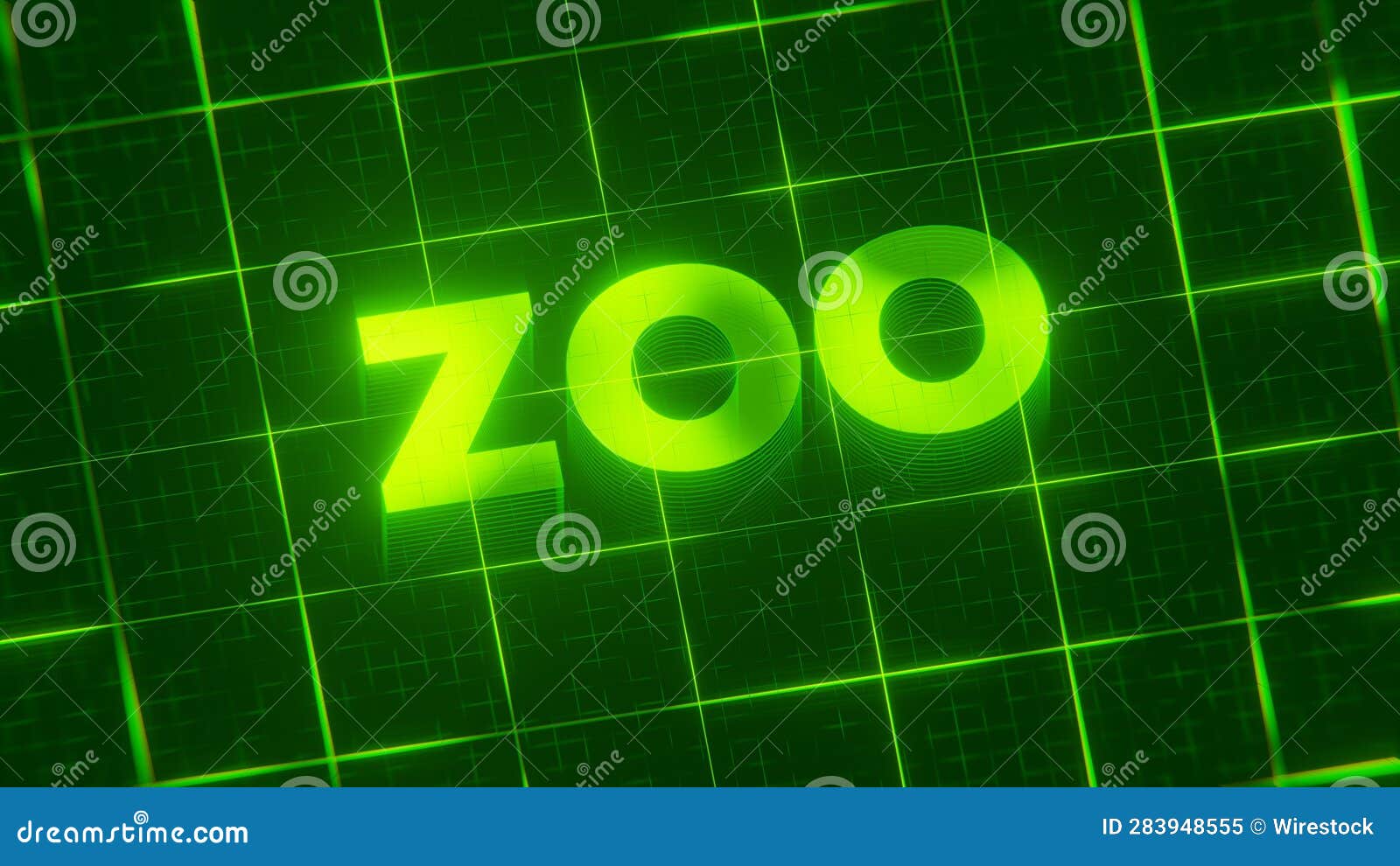 3D-rendered Pattern of the Word Zoo on Bright Neon Green Lines Arranged ...
