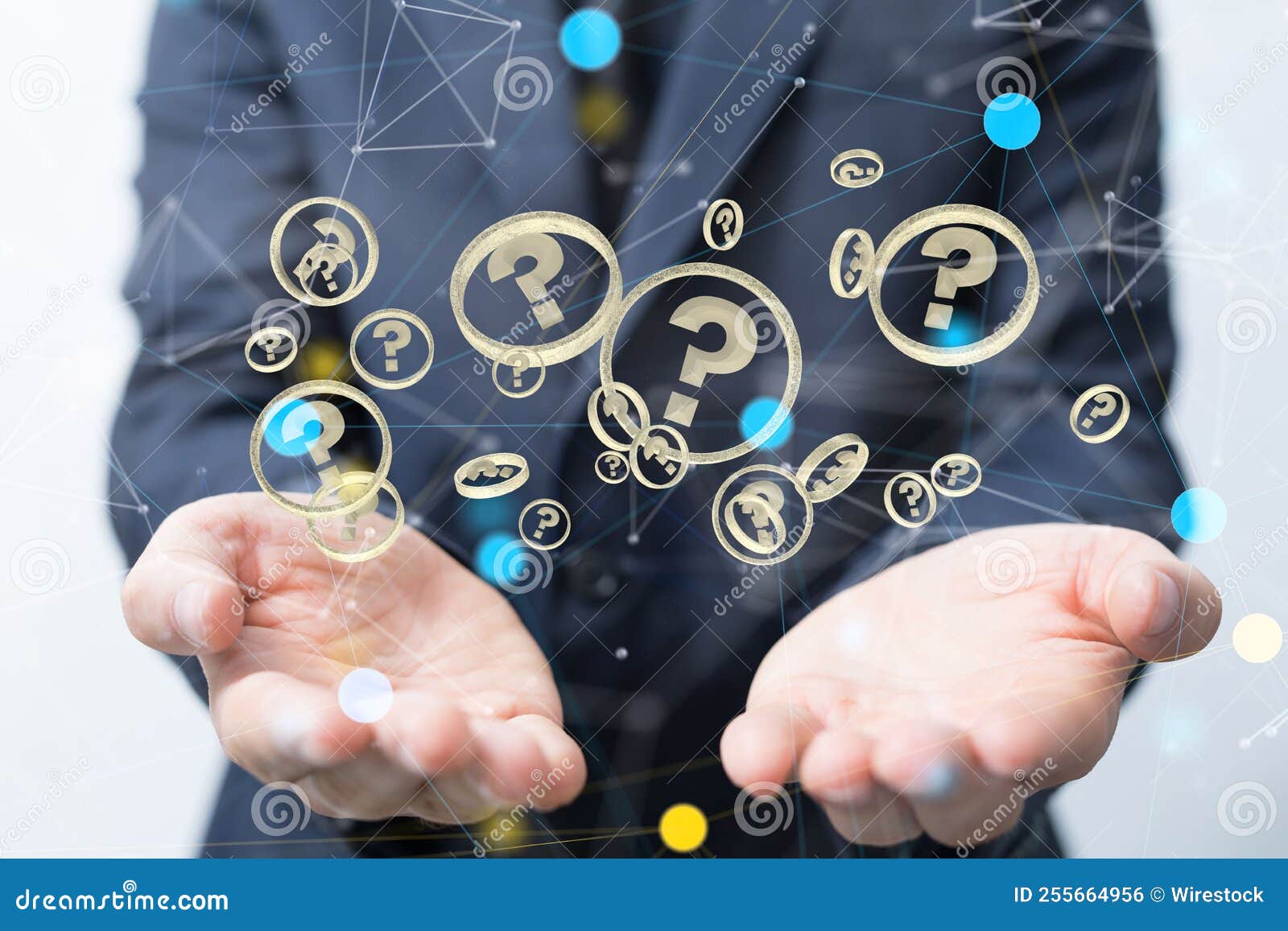3d Rendered Question Mark Icons Hovering Over the Male Hands Stock ...
