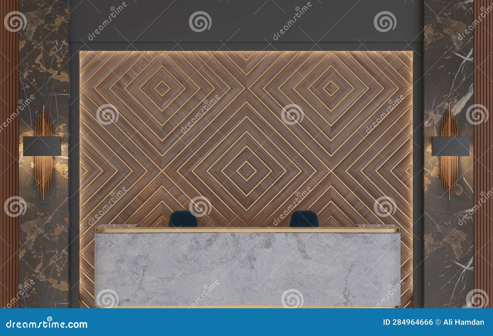 3D Render Receptionist Backdrop Black Marble and Motif Wood Material ...