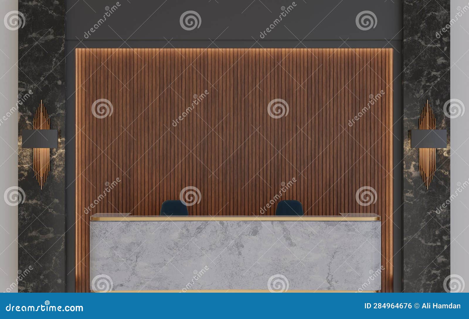 3D Render Receptionist Backdrop Black Marble and Wood Material with ...