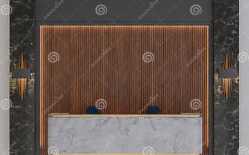 3D Render Receptionist Backdrop Black Marble and Wood Material with ...