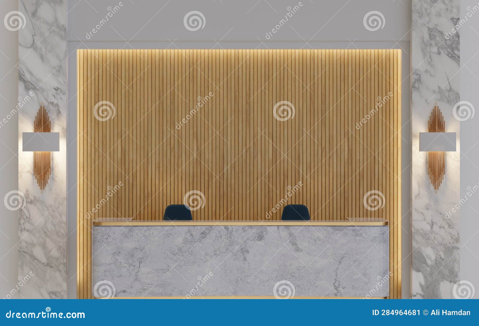 3D Render Receptionist Backdrop White Marble and Wood Material Stock ...