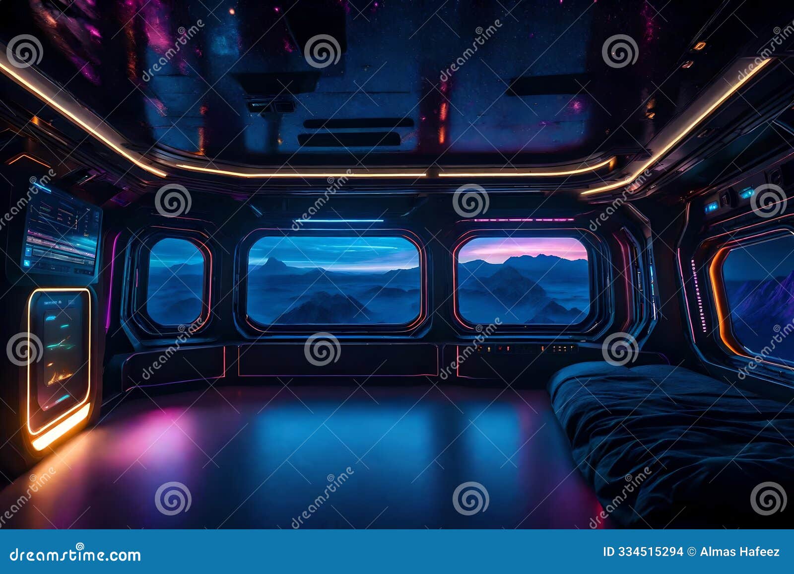 3d Rendered RGB Neon Colored Bedroom in Space with a Glass Window and ...