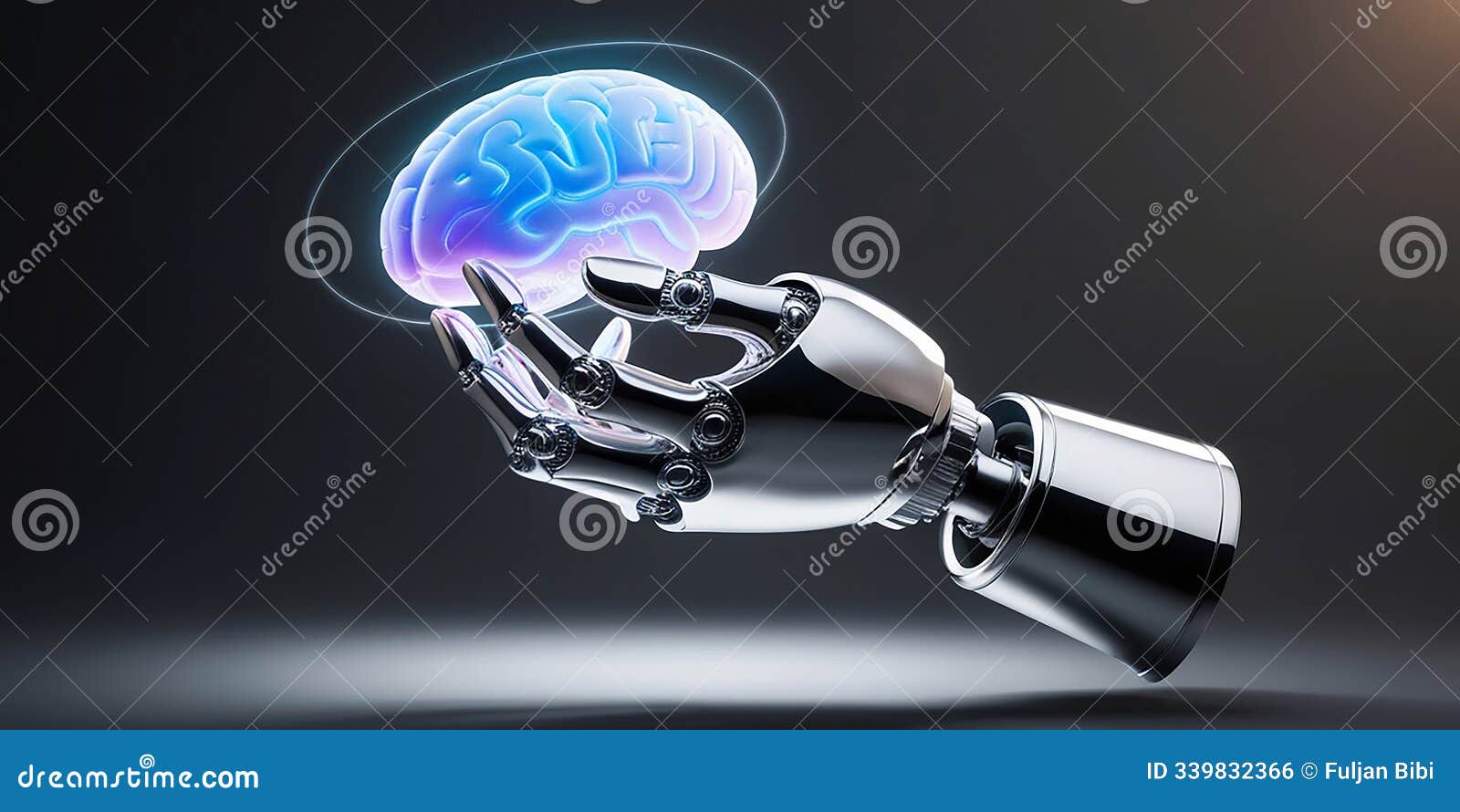 A 3D-rendered Robotic Hand Holding a Glowing Brain, Showcasing the Intersection of AI, Machine ...
