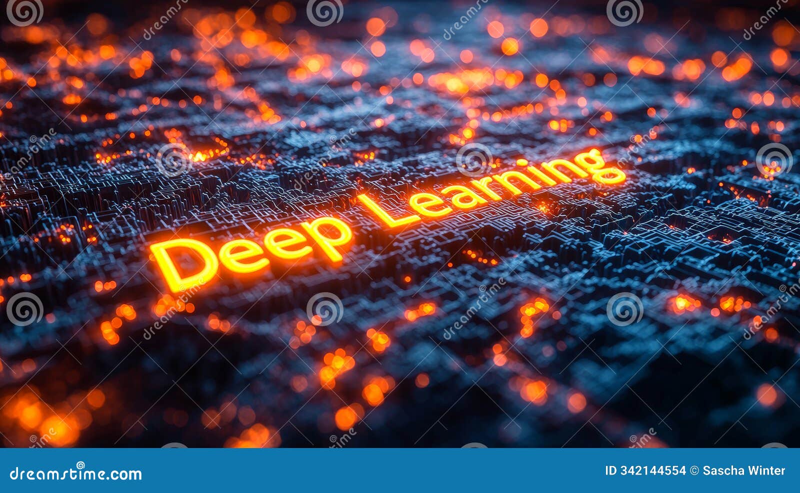 A 3D-rendered Text Reading "Deep Learning" in a High-tech, Networked ...