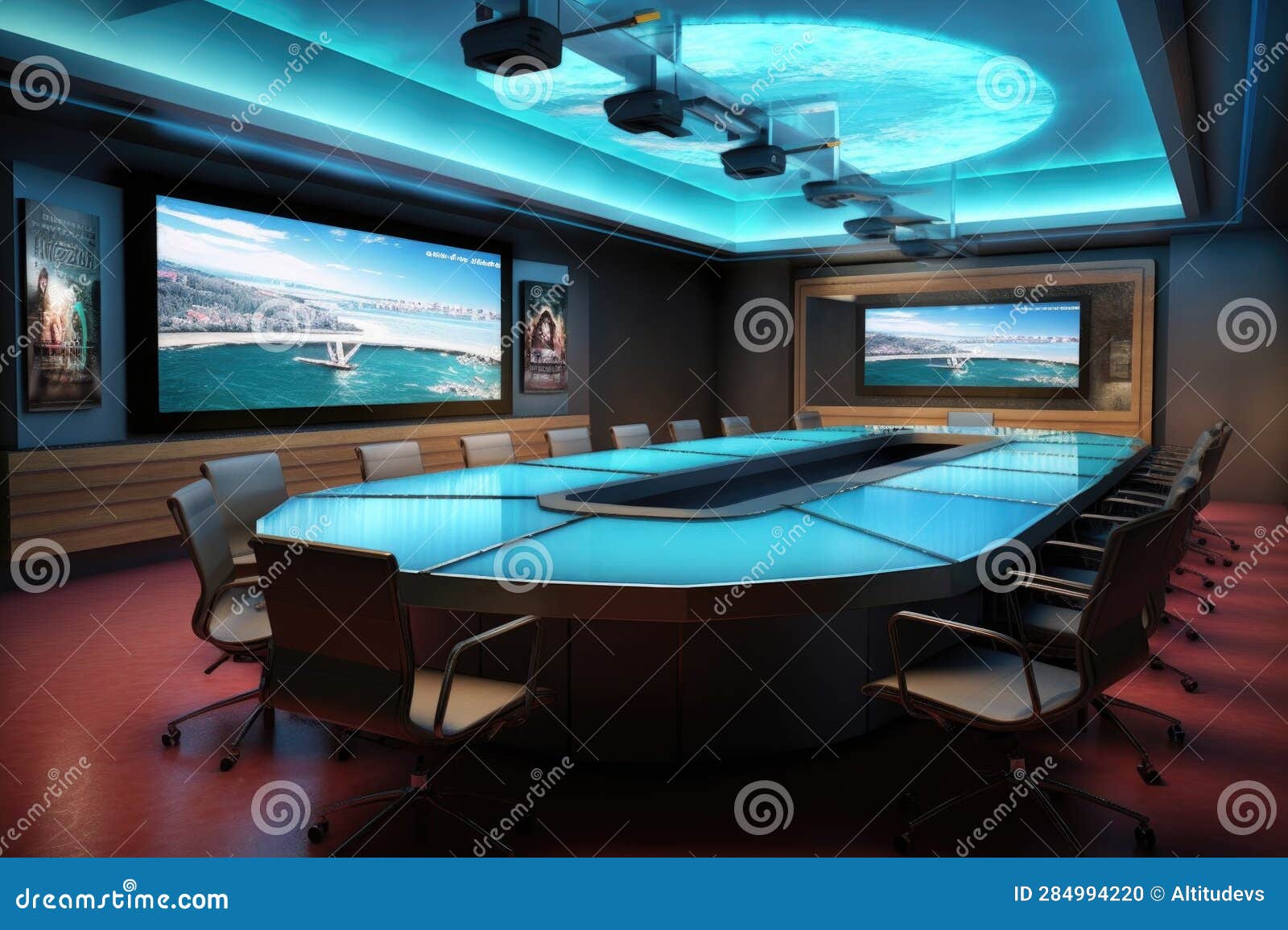 3d-rendered Virtual Conference Room with Touchscreen Tables Stock ...