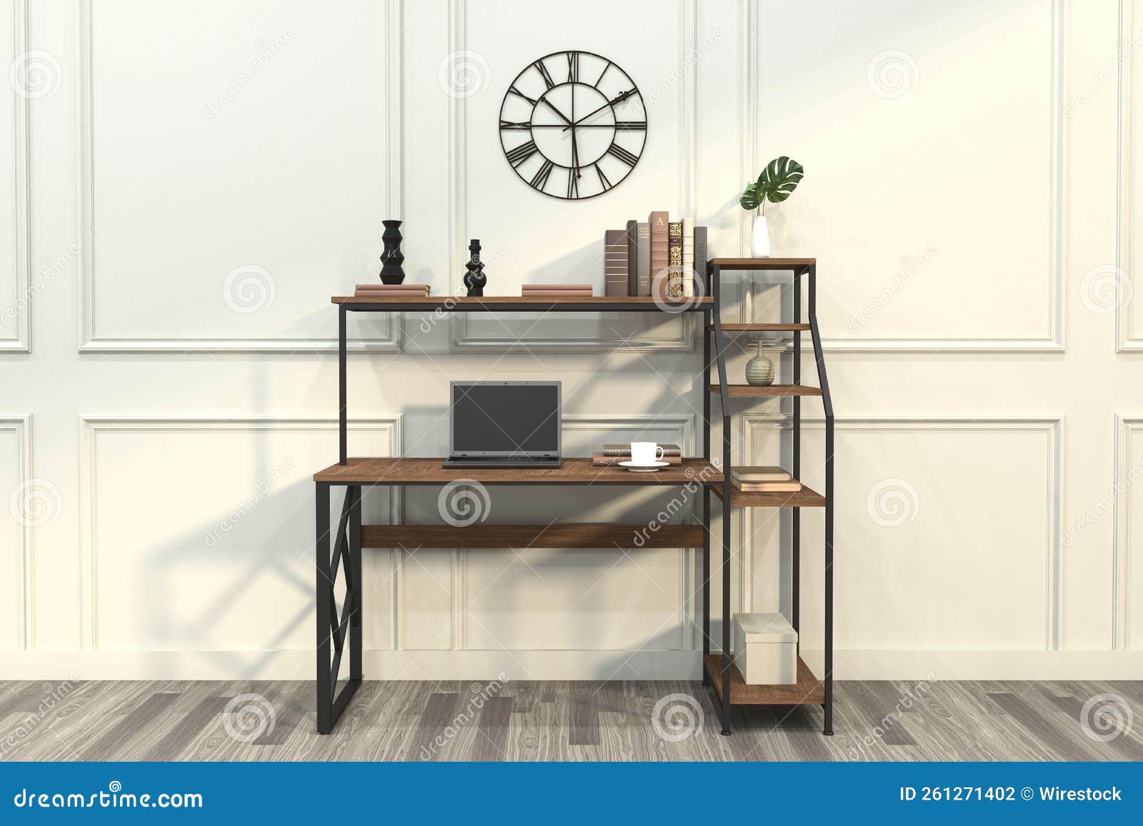 3D-rendered Wooden Working Desk with a Laptop and Different Objects on ...