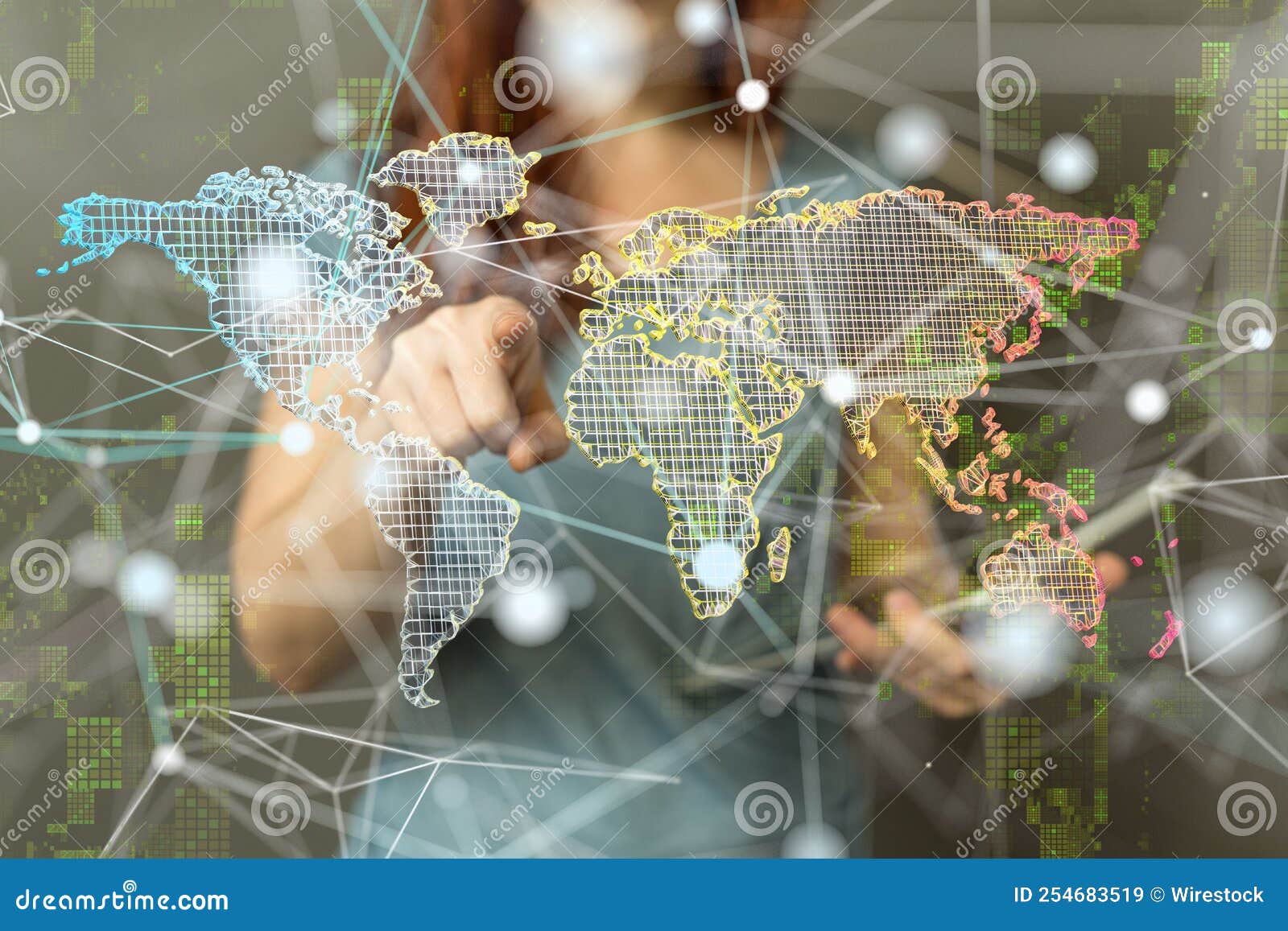 3D Rendered World Map Hovering in Womans Hand Stock Image - Image of ...