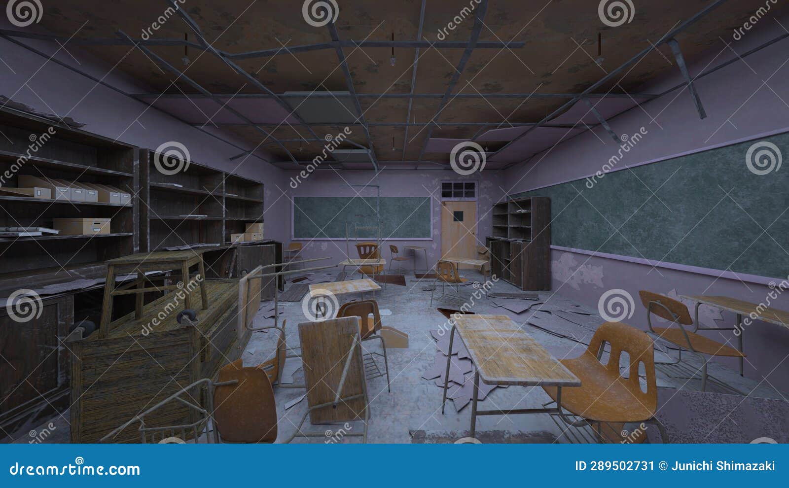 3D Rendering of the Abandoned Classroom Stock Illustration - Illustration of violence, chair ...