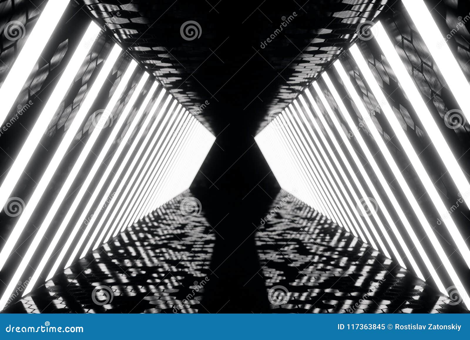 3D Rendering Abstrac Futuristic Dark Corridor With Neon Lights. Glowing ...