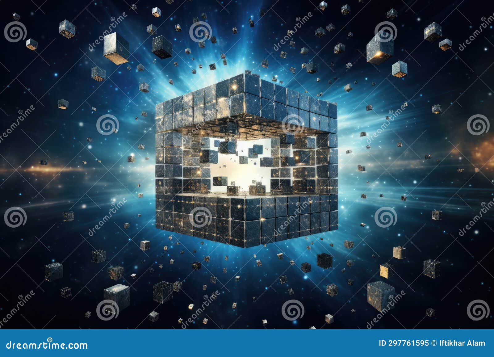 3D Rendering of Abstract Cube in Space with Light Rays and Stars, Time ...