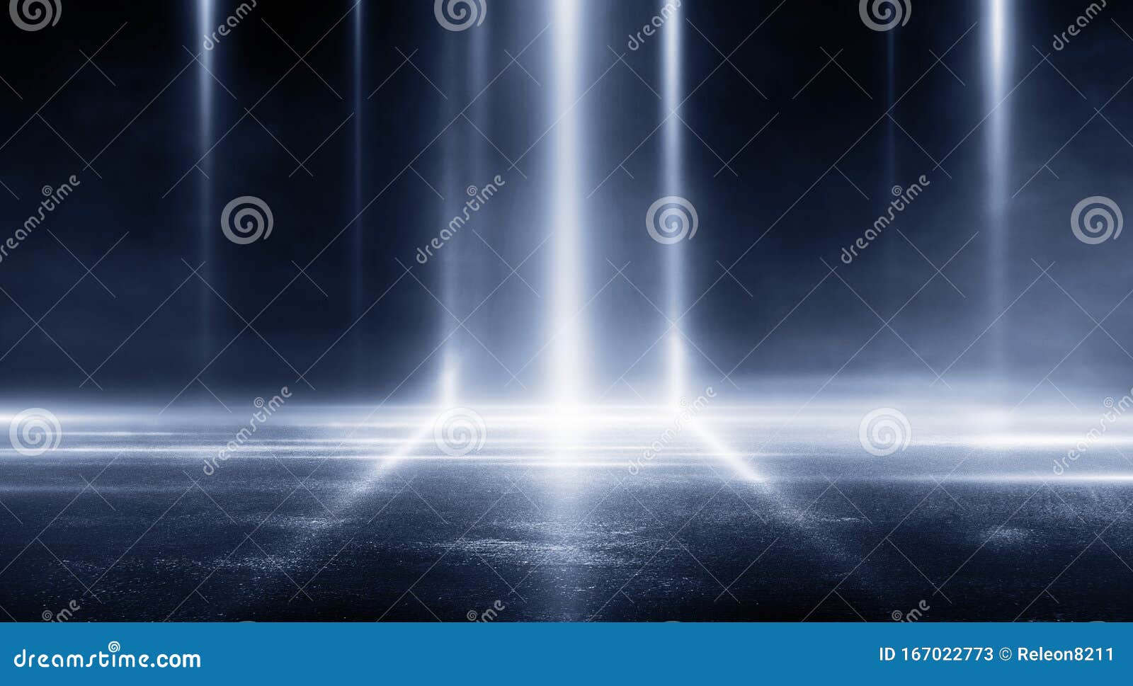 3D Rendering Abstract Dark Empty Scene Blue Neon Searchlight Light Wet ...