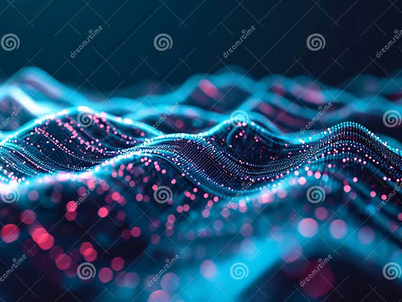 3D Rendering of Abstract Digital Particles. Futuristic Wave with Depth of Field and Bokeh. Big ...