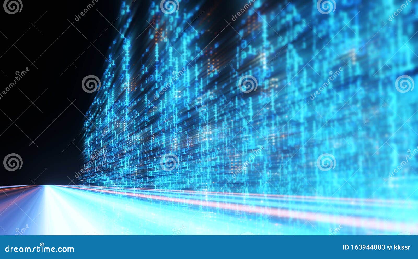 3D Rendering of Abstract Highway Path through Digital Binary Towers in City. Concept of Big Data ...