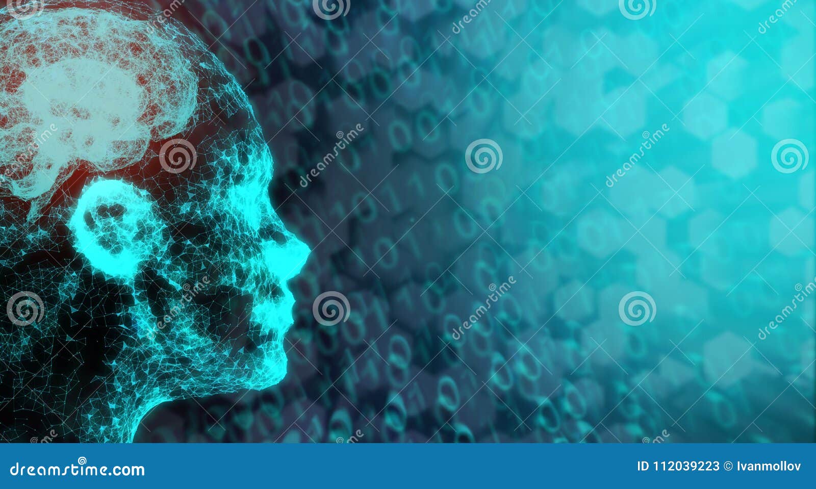 Network Connection Mesh of Human Head with Brain on Binary Code Stock Illustration ...