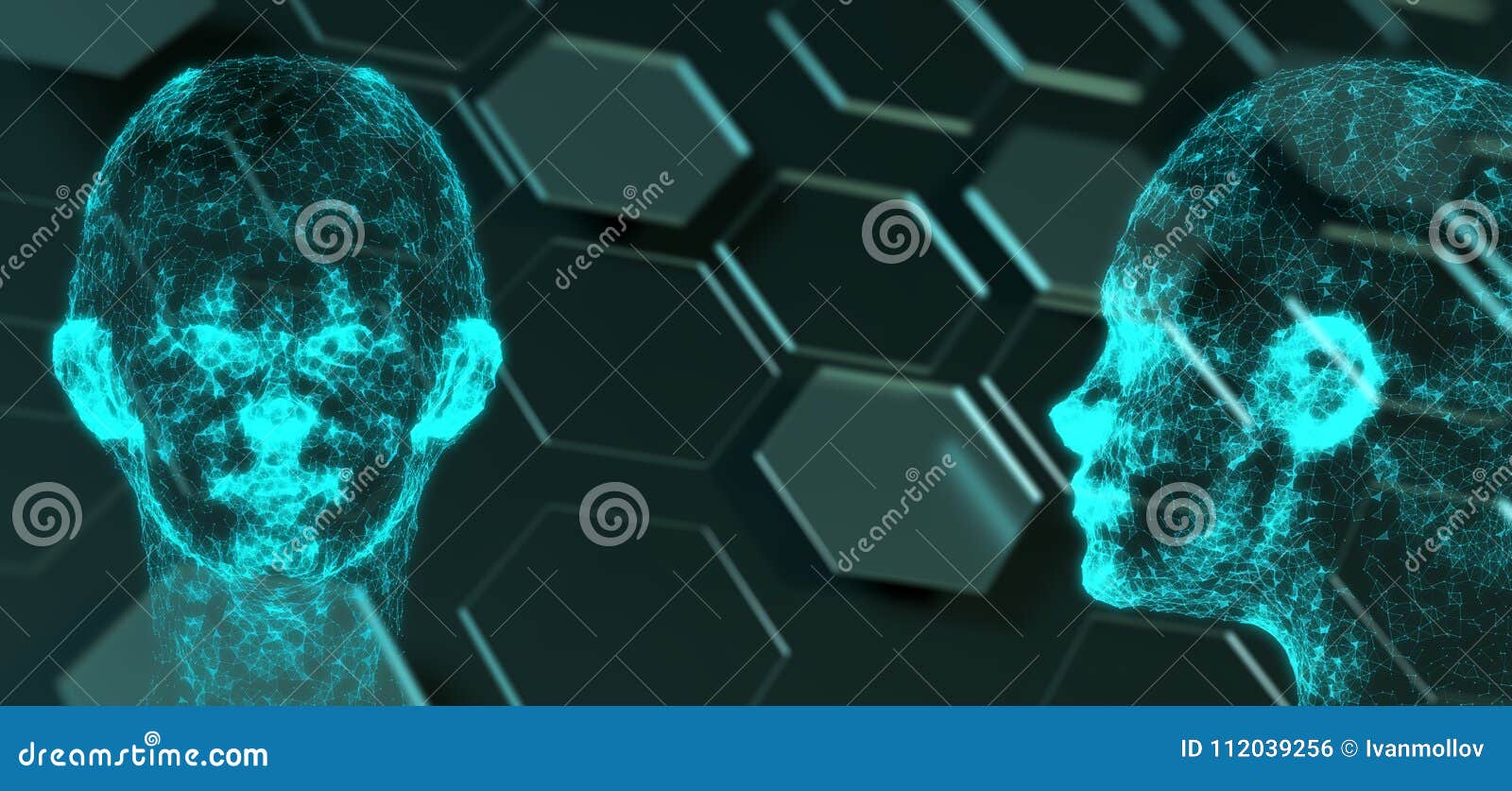 Abstract Network Connection Mesh of Human Head on Hexagon Background ...