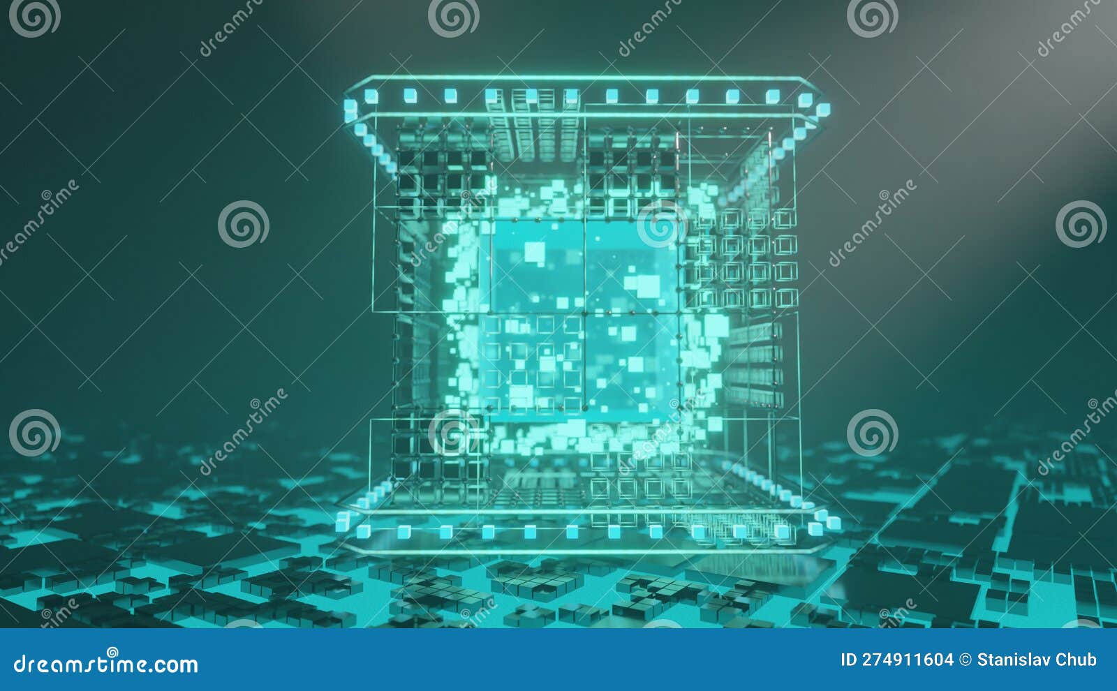 3d Rendering of an Abstract Power Plant. a Quantum Reactor. Glowing ...