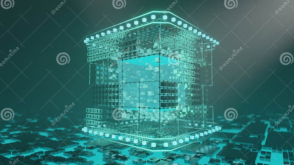 3d Rendering of an Abstract Power Plant. a Quantum Reactor. Glowing ...